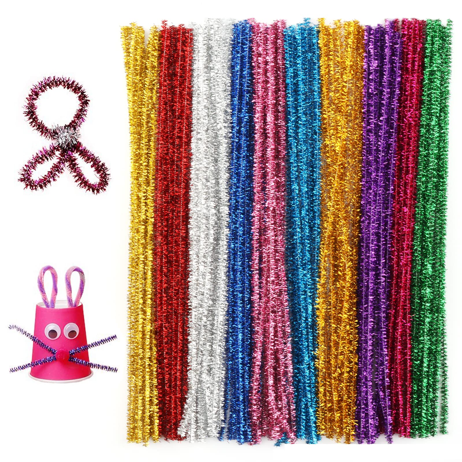 DOITEM 100pcs Pipe Cleaners Bulk 10 Assorted Colors Chenille Stems Craft Supplies 6mm x 12 Inch Fuzzy Glitter Pipe Cleaners for DIY Art Creative Crafts Decorations