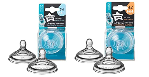 Bundle of Tommee Tippee Advanced Anti-Colic Baby Bottle Nipples, Breast-Like, Soft Silicone, Medium Flow, 3m+, 2 Count + Tommee Tippee Advanced Anti-Colic Fast Flow Baby Bottle Nipples, 6m+ – 2pk