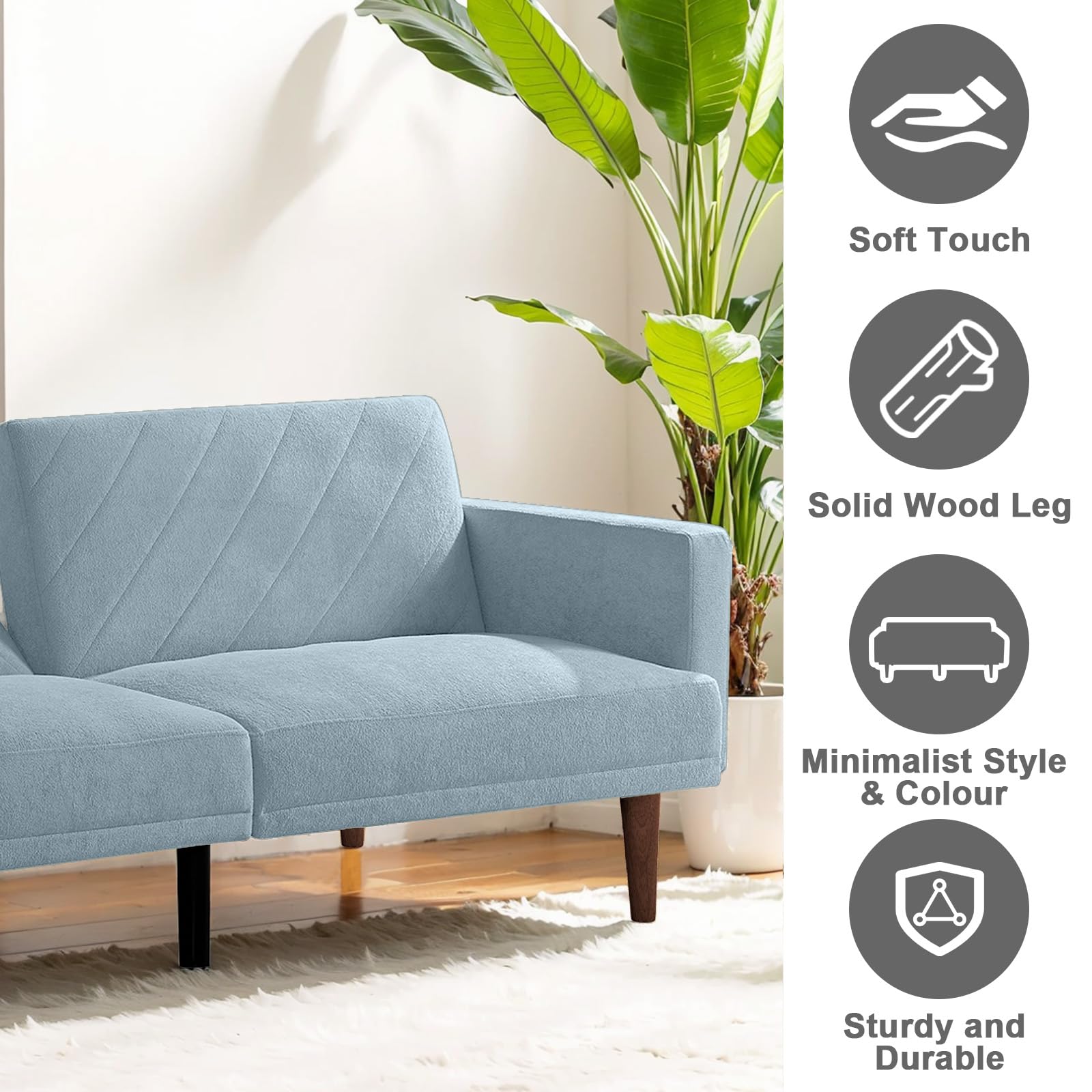 Artfurniz Folding Futon Sofa Bed: Reclining Sleeper Loveseat Convertible Modern Faux Leather Couch for Living Room Bedroom Apartment Solid Wood Leg, Light Blue