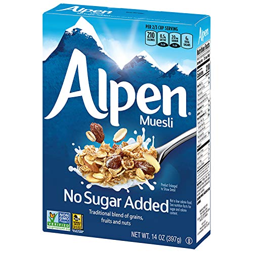 Alpen Muesli No Sugar Added Cereal, Heart Healthy Cereal with Wheat Flakes, Rolled Oats, Nuts and Raisins, Non-GMO Project Verified, 14 OZ Box (Pack of 6)