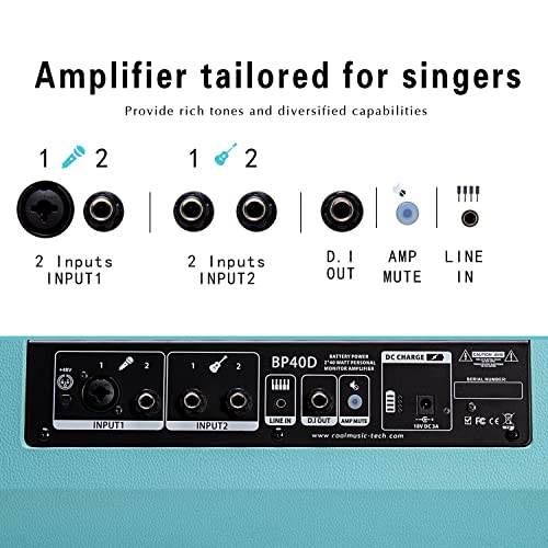 Coolmusic BP40D Powered Acoustic Guitar Amplifier- Portable Bluetooth Speaker 80W W/Battery with Reverb Chorus Delay Effect, 6 Inputs,3 Band EQ, Blue