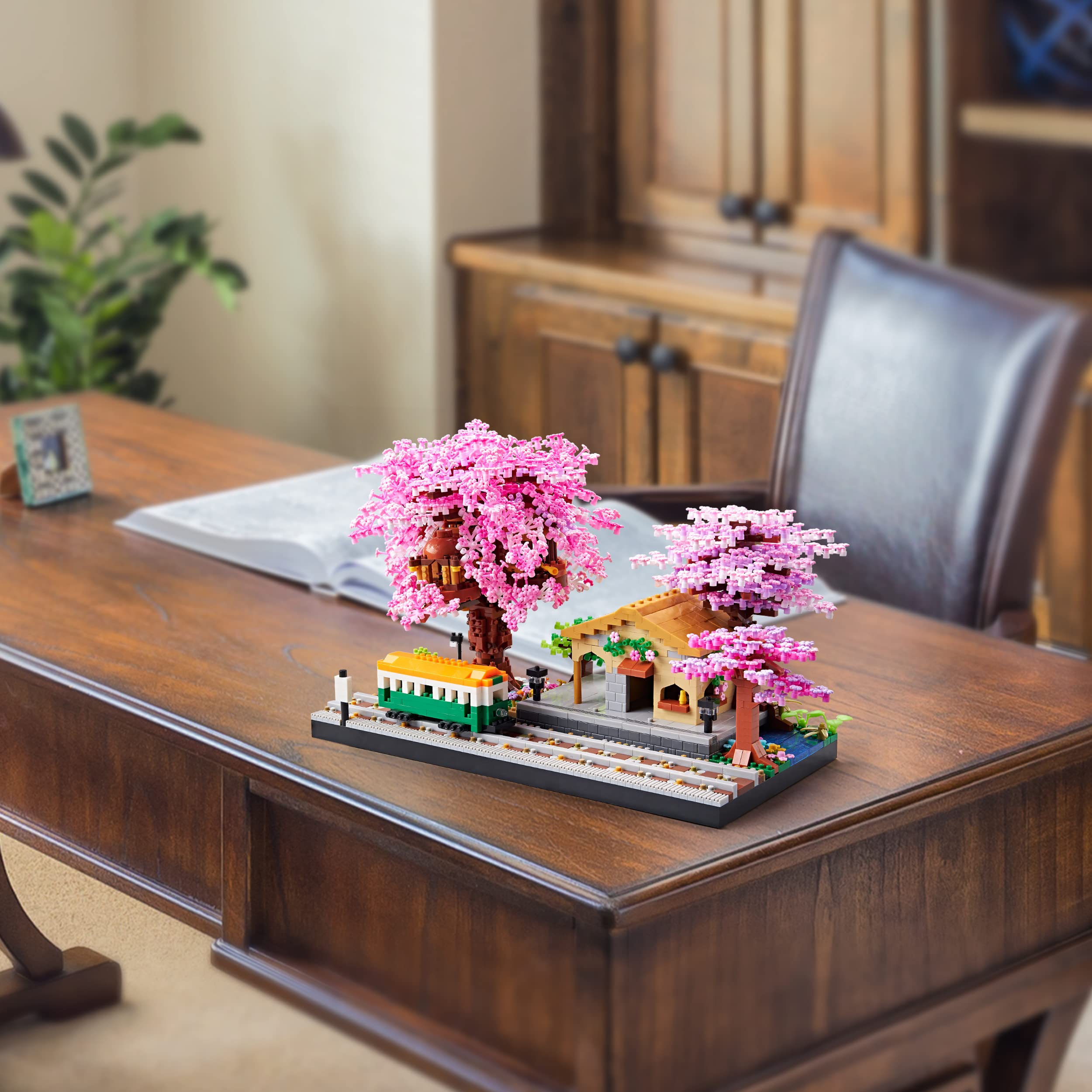 DOLBLOCK Japanese Cherry Blossom Tree Flower House Micro Building Blocks Set for Adults Bus Station Mini Bricks Model, Treehouse, Decorative Architectural Present Toy for Girl Children Age of 14+
