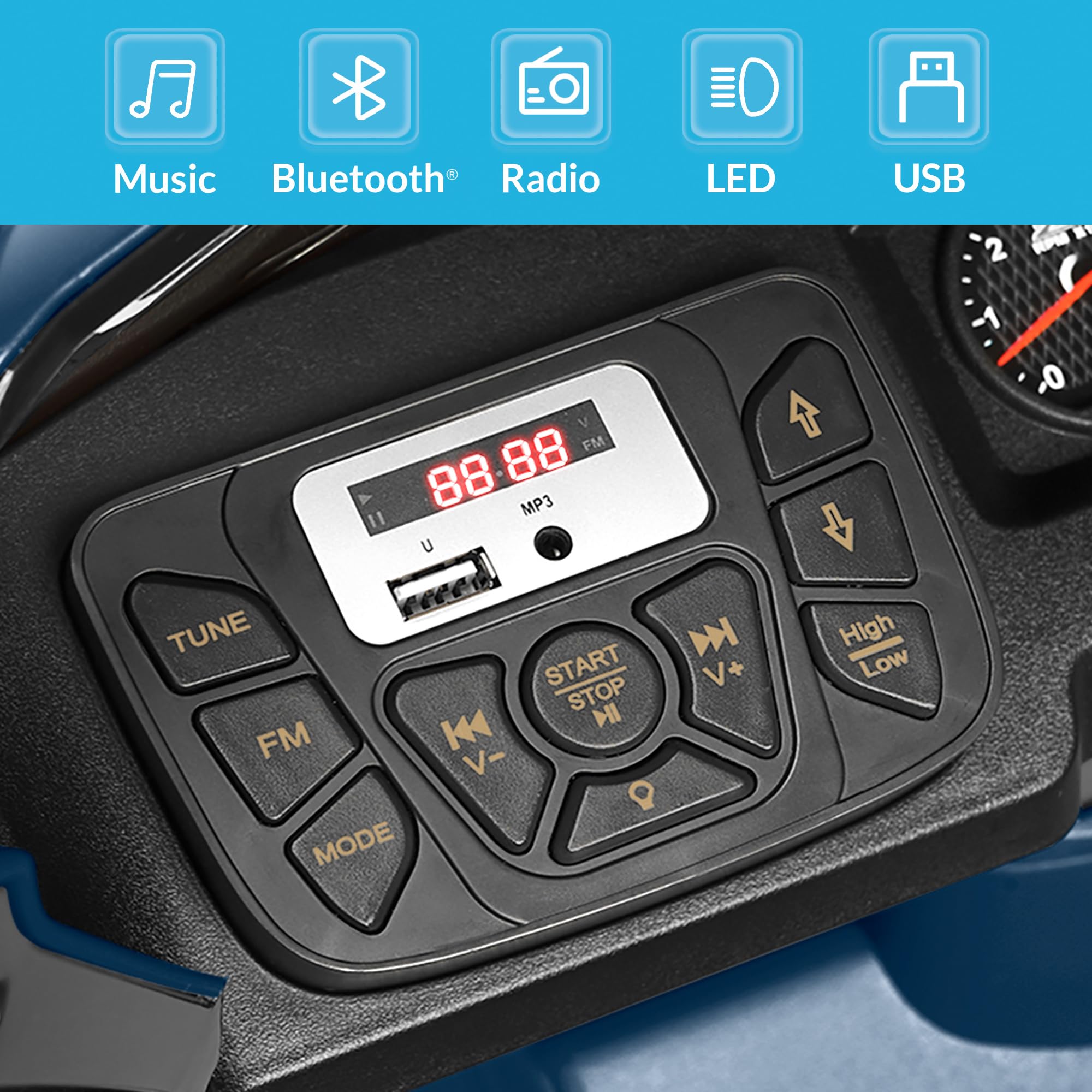 Kidzone 12V Battery Powered Licensed Chevrolet Silverado Trail Boss LT Kids Ride On Truck Car Electric Vehicle Jeep with Remote Control, MP3, LED Lights - Blue