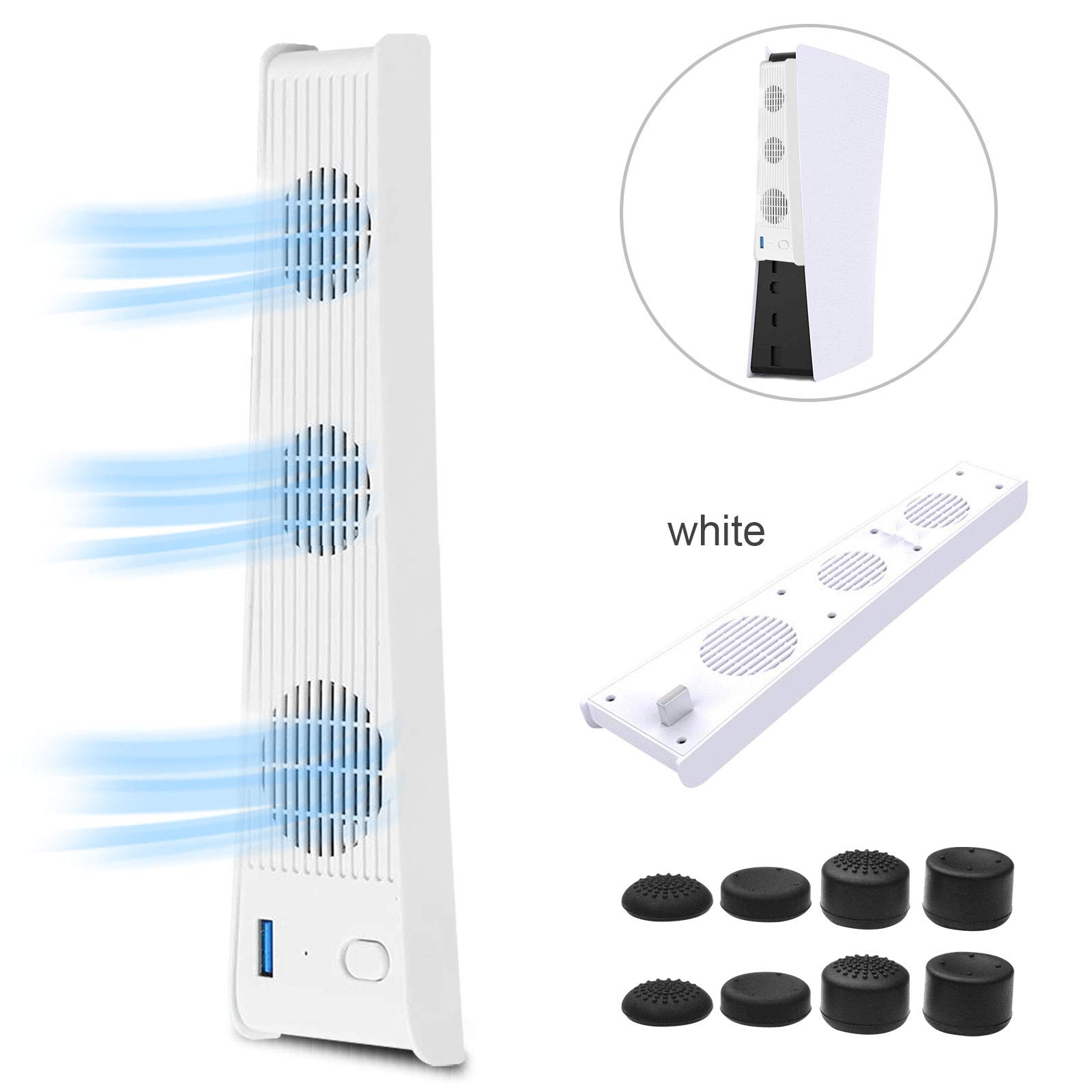 AKNES Cooling Fan for PS5,USB External Cooler 3 Fan Turbo Temperature Control Cooling Fans for Sony Playstation 5/5 Digital Edition Game Console,with 8 PCS Thumb Stick Grips Caps,White