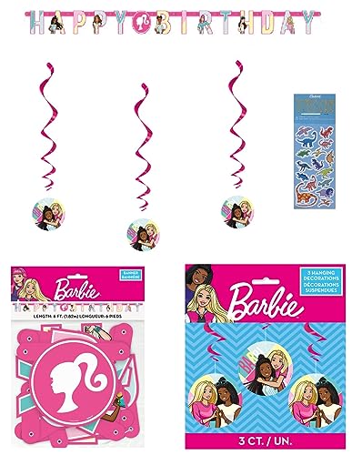 Barbie Birthday Party Supplies Bundle includes 1 Happy Birthday Banner, 3 Hanging Swirl Decorations, 1 Dinosaur Sticker Sheet