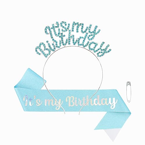 Araluky Blue Happy Birthday Crowns for Women IT'S MY BIRTHDAY Alloy Headband with Its My Birthday Sash and Tiara for Women Birthday Headband Tiaras for Women Girls Parties Favors Costume Birthday Gift