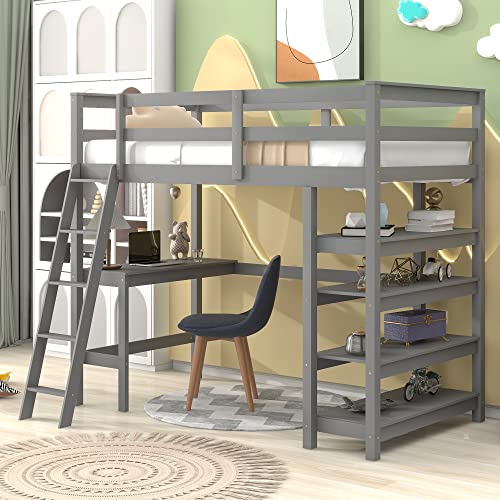 LostCat Twin Size Loft Bed with Desk and Shelf, Heavy Duty Metal Bed Frame w/Full Length Guardrails and Ladder, No Box Spring Needed, Space Saving Design for Kids, Teens, Adults, Black