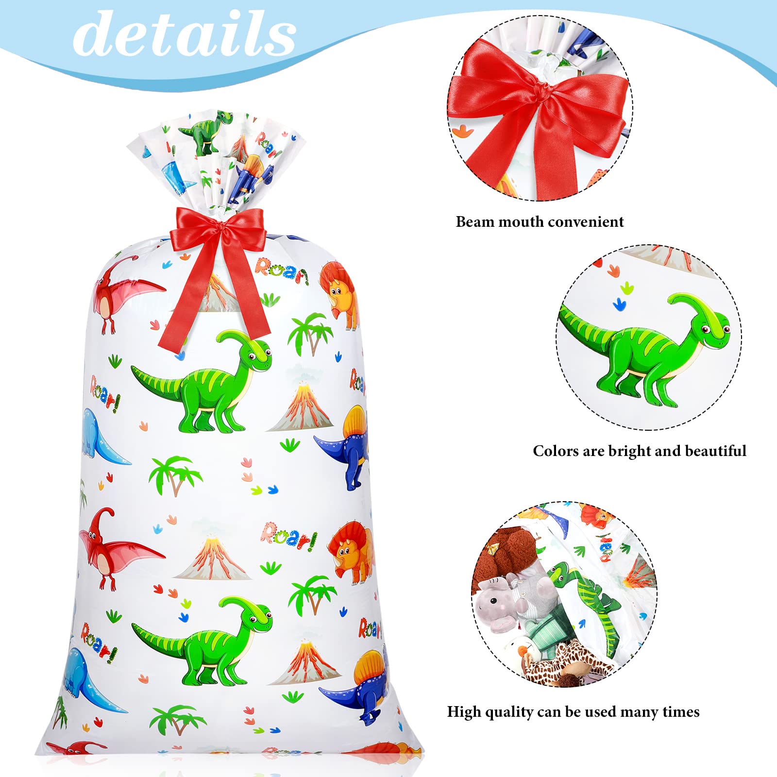 Teling 2 Pcs 70 x 40 Extra Large Jumbo Gift Bag for Giant Gifts, Extra Big Plastic Present Bag for Huge Gifts Wrapping Bags with 2 Rolls Ribbons for Birthday Party(Dinosaur Style)
