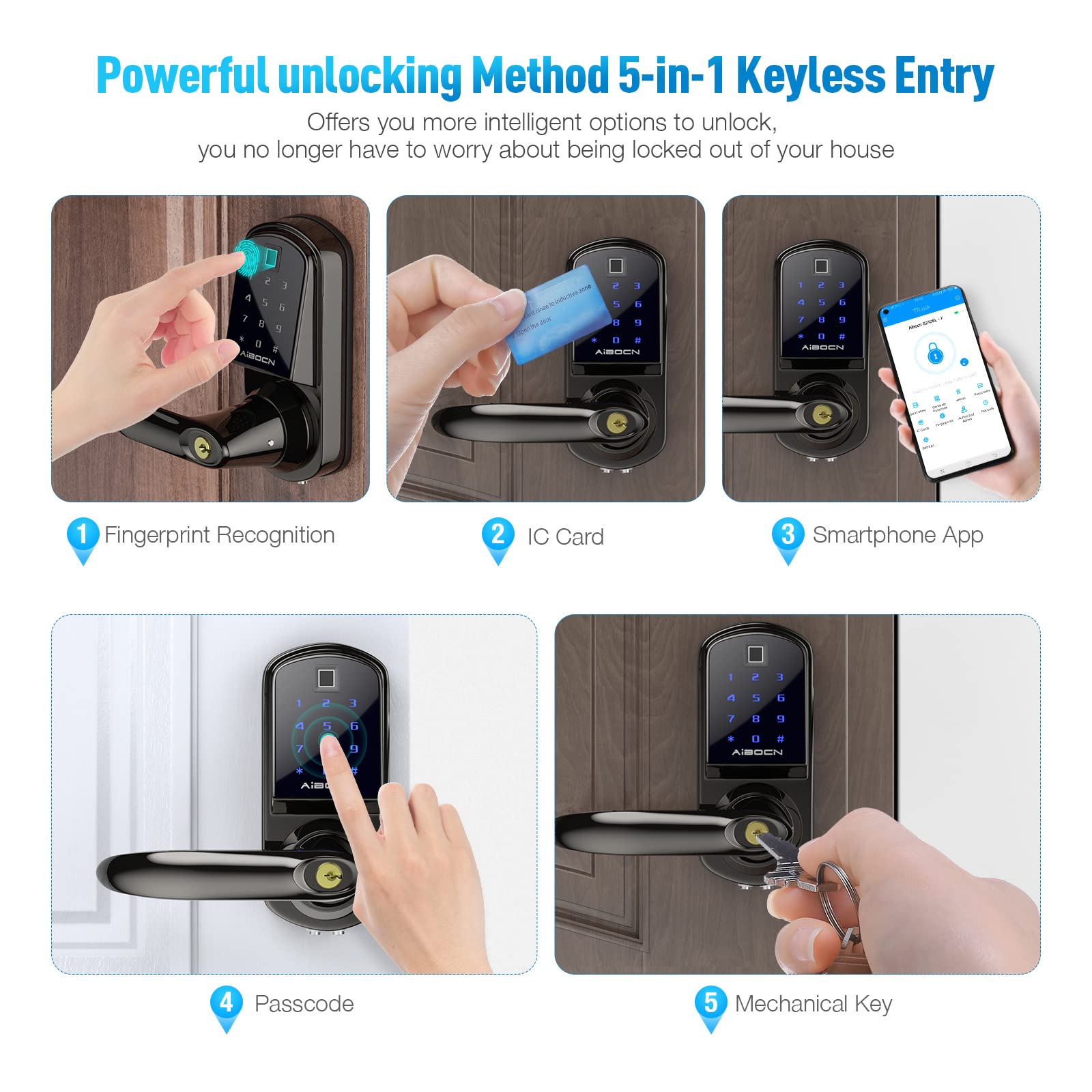 Aibocn Smart Lock, Keyless Entry Door Lock with Bluetooth, Touchscreen Keypad Deadbolt Lock with App, Fingerprint, IC Card, Code, Easy to Install for Home Hotel Apartment, Reversible Door Lever
