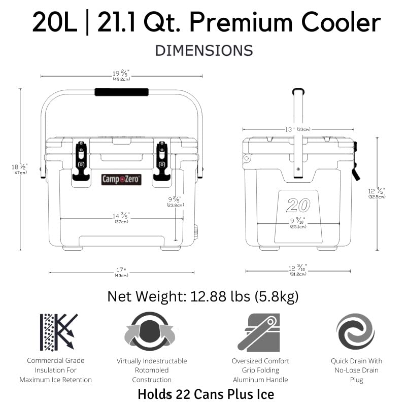 CAMP-ZERO 21 Quart Rotomolded Hard Cooler - Insulated Ice Chest with 4 Cup Holders - Bear-Proof Travel Ice Box for Beverage, Drink, BBQ, Fishing, Camping, Outdoor, Navy Blue