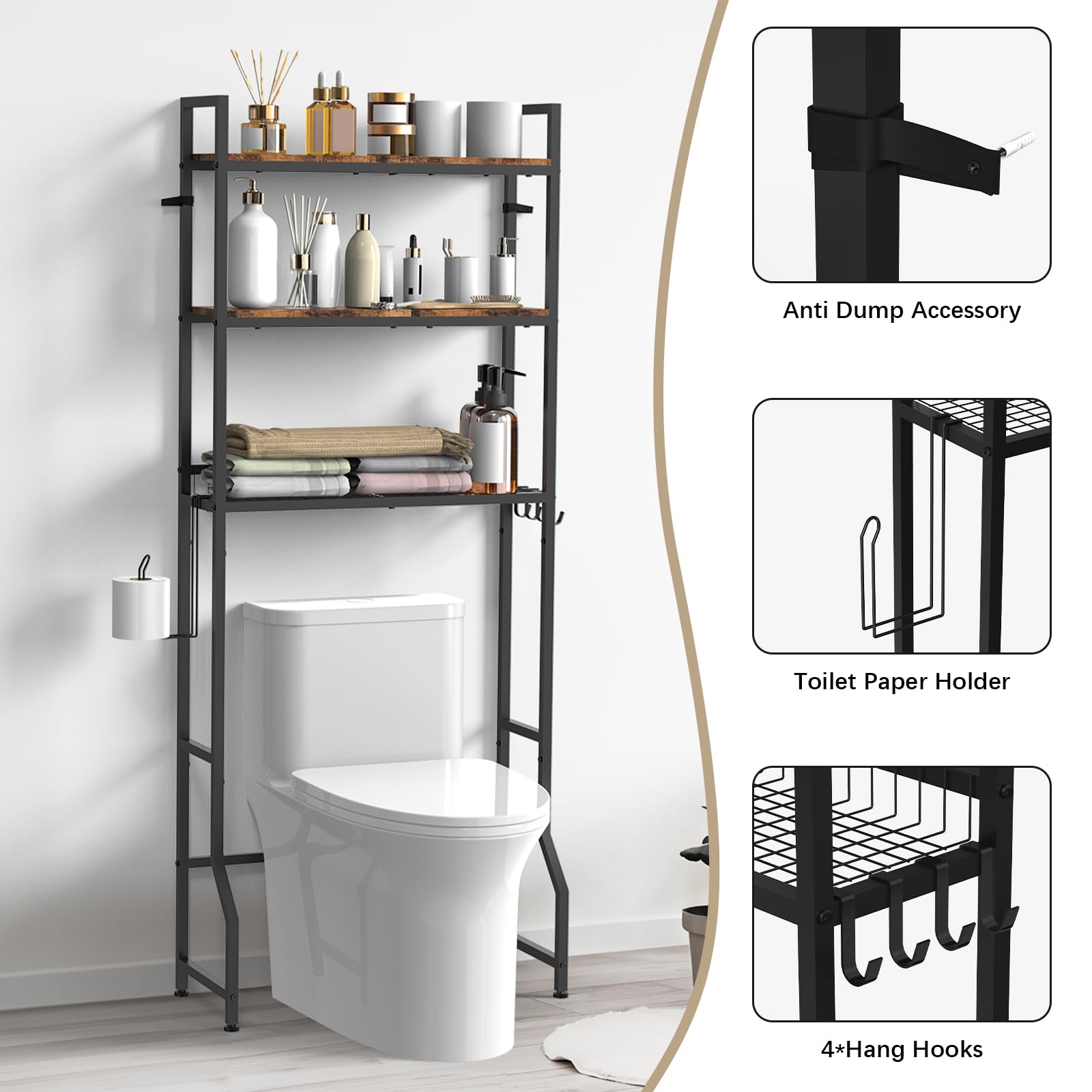 NOVIMANGO Over The Toilet Storage, Over Toilet Bathroom Organizer 3 Tier, Above Toilet Storage Rack for Bathroom Freestanding Bathroom Space Saver with Metal Frame and 4 Hooks for Laundry, Brown