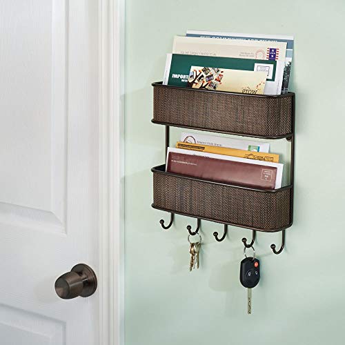 mDesign Wall Mount Metal Woven Mail Organizer Storage Basket - 2 Tiers, 6 Hooks - for Entryway, Mudroom, Hallway, Kitchen, Office - Holds Letters, Magazines, Coats, Leashes, Keys - Bronze