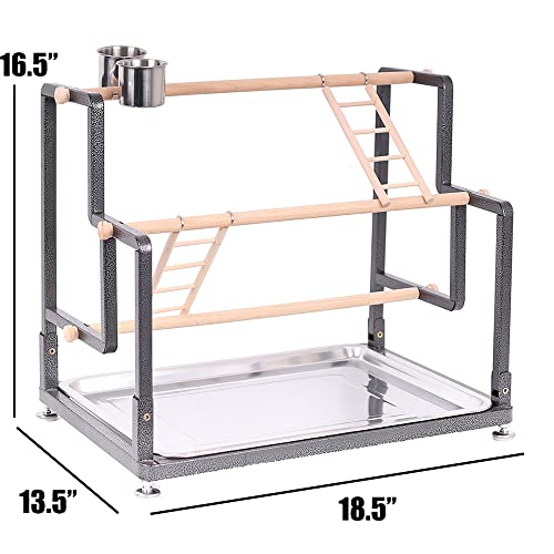 Bird Playground, Playstand for Small to Large Birds with Collapsible Metal Frame, Heavy Duty Quick-Install No Tool Request, 4 Standing Perch, 2 ladders and 2 Bird Cups