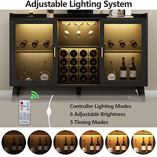 Auromie Wine Bar Cabinet with Led Light, Home Coffee Cabinet with Wine and Glass Rack, Kitchen Buffet Sideboard with Storage Shelves, Freestanding Liquor Cabinet for Living Room, Dining Room (Black)