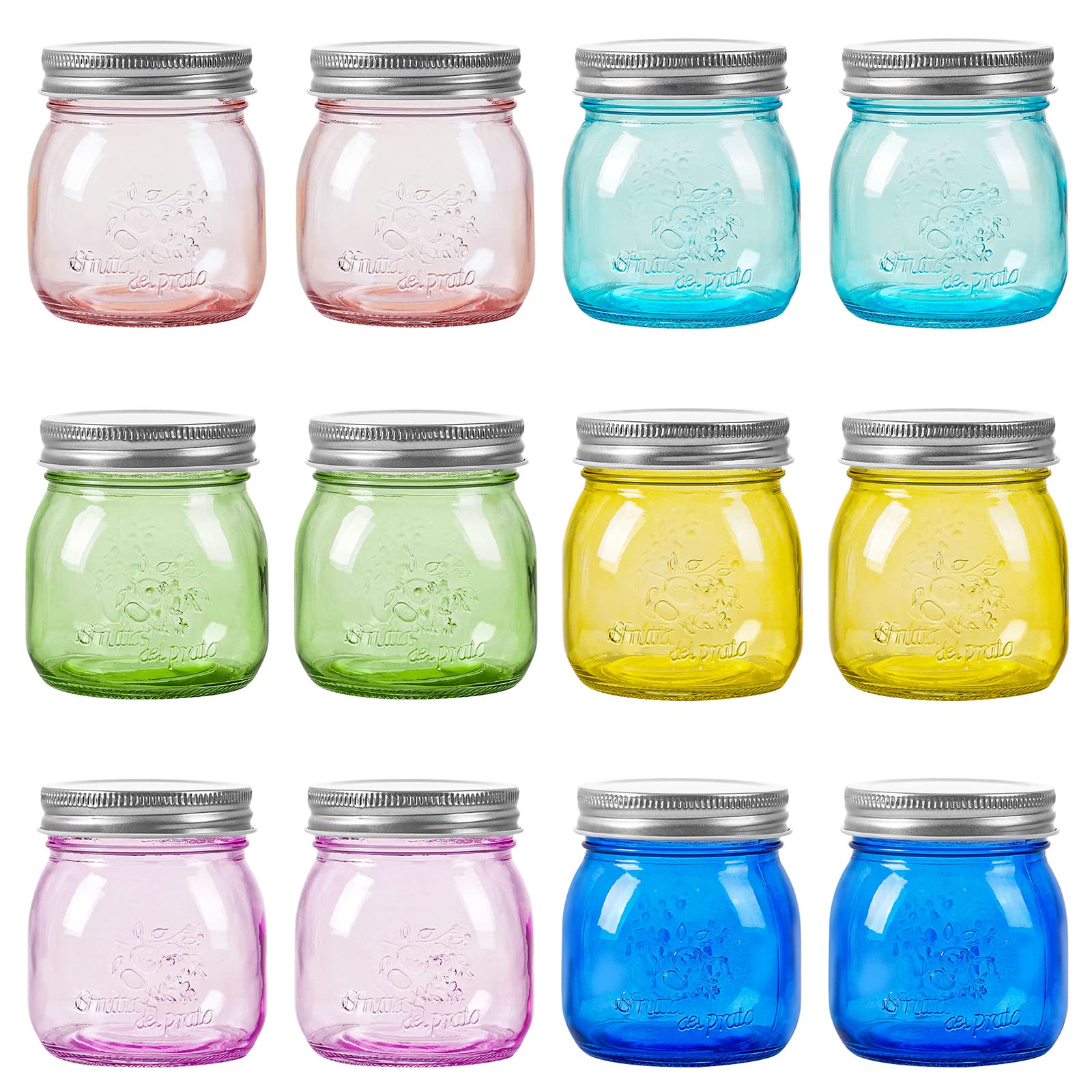 Amzcku Colored Mason Jars 8 oz with Metal Lids - Regular Mouth Canning jar for Jam, Honey, Wedding Favors, Shower Favors, Pickling, Food Storage, Jelly, DIY Spice Jars, 12 Pack