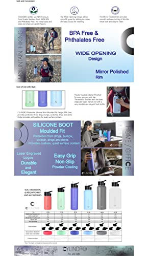 Cylindro Water Bottle, Triple-Layer Stainless Steel - 3 Lids, Vacuum Double Walled Copper Lined, BPA Free, w/ Silicone Boot, Hot & Cold - 22 Oz Veri Peri Purple