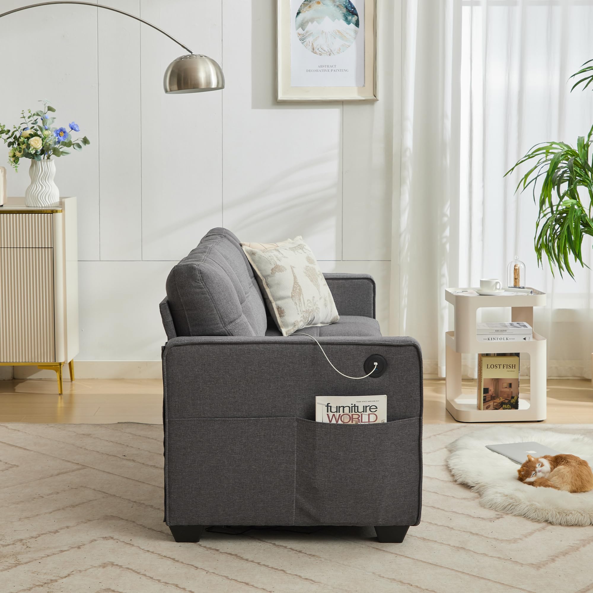 TYBOATLE 88" W Modern 3 Seater Sofa Couch, Fabric Linen Deep Seat Mid Century Couches w/ 2 USB Charging Ports and Upholstered Cushions, Comfy Sofas for Living Room, Bedroom, Apartment (Dark Gray)