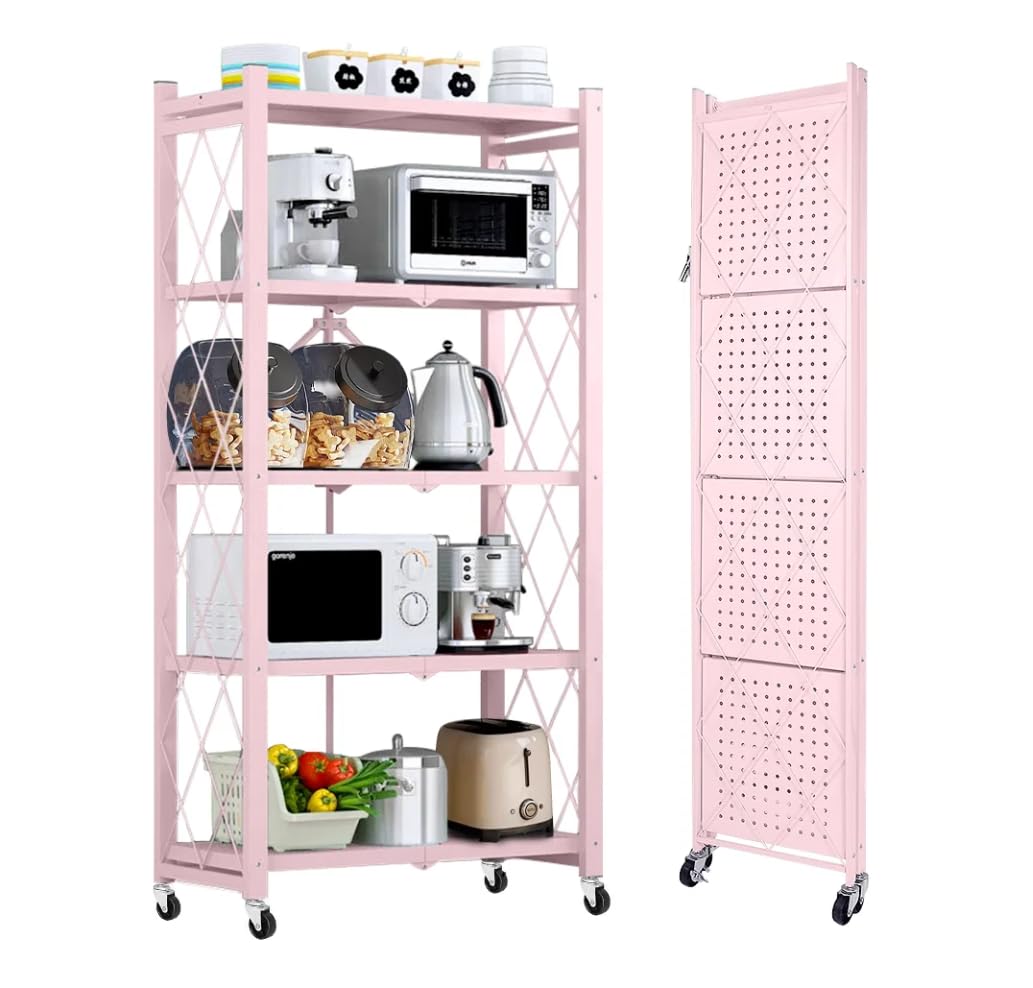 AZEITE 5-Tier Storage Shelving Unit, Heavy Duty Metal Shelf 27.9"x13.4"x62.5, Foldable Storage Shelf with Wheels, Garage Shelf, Kitchen Shelf with 4 Hooks, No Assemble Require(Pink)