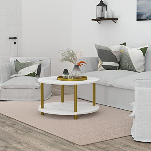 Round Coffee Table for Living Room,31.5’’ 2 Tier Modern Gold Coffee Table with Open Storage Shelf,Gold Metal Legs and White Faux Marble Table Top
