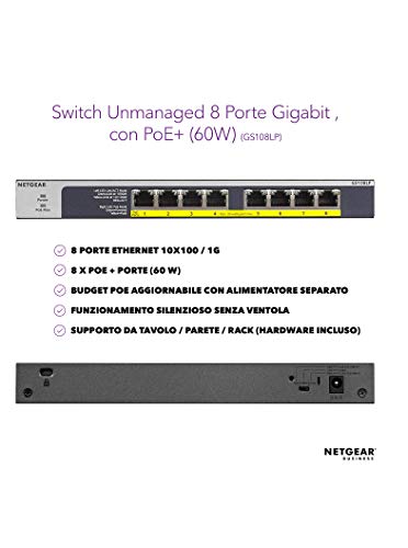 NETGEAR 8-Port Gigabit Ethernet PoE Network Switch, Hub, Internet Splitter (GS108LP) - with 8 x PoE+ @ 60W Upgradeable, Desktop/Rackmount, and ProSAFE Lifetime Protection