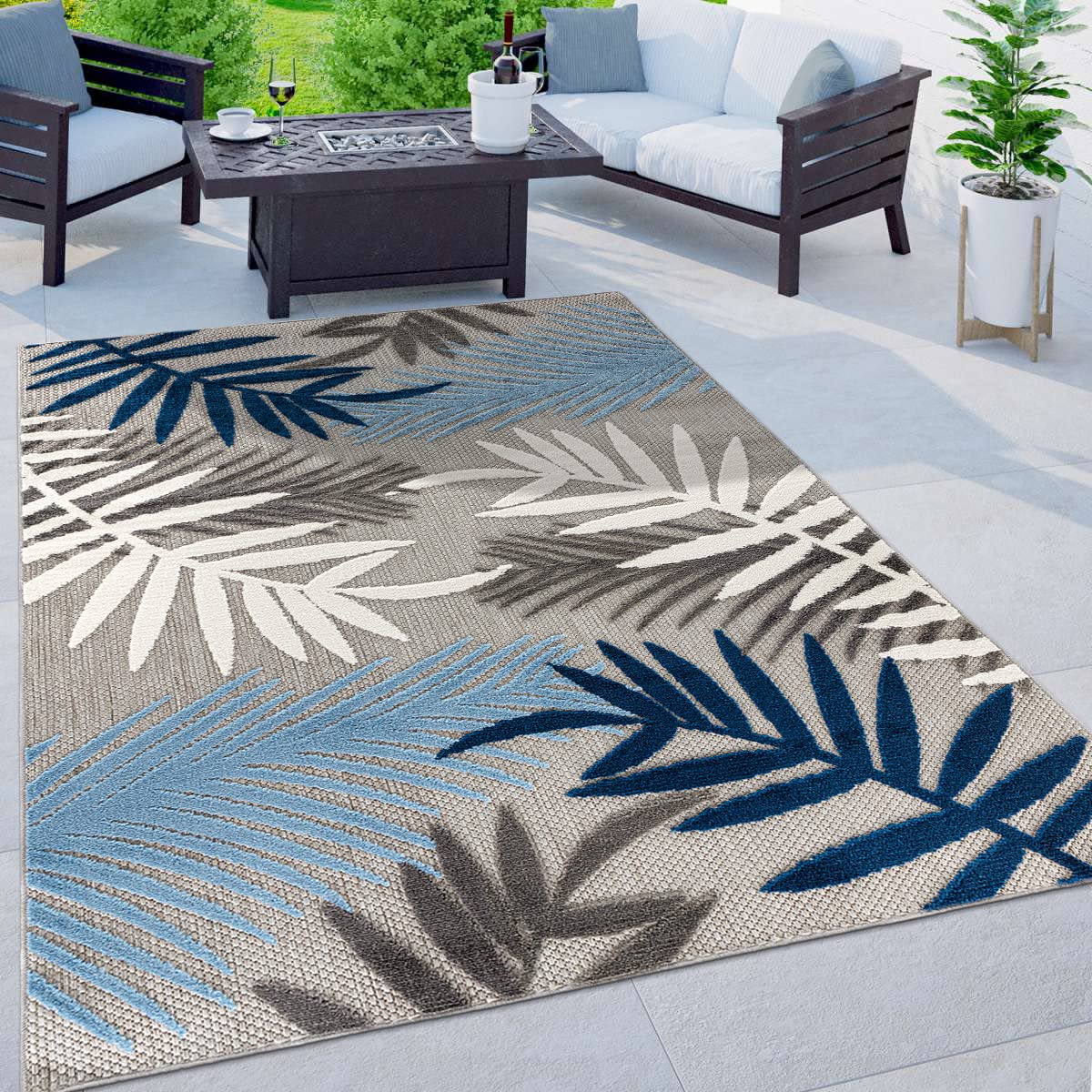 Rugshop Evora Palm Frond Non-Shedding Patio Deck Backyard Indoor/Outdoor Area Rug 5' x 7' Blue