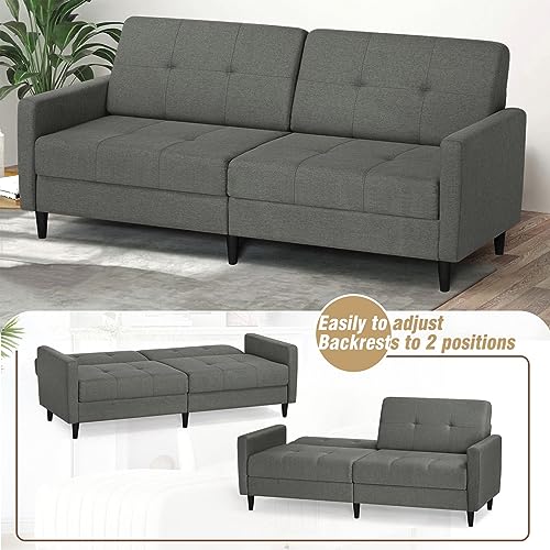BIVVI 77β Long Linen Fabric Sofa Bed Convertible Loveseat Couch with Adjustable Backrest and Wooden Legs,Sleeper Lounge Couch for Living Room/Dorm/Guest/Home Office/Apartment,Gray