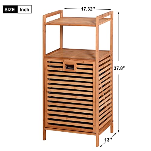 Bamboo Tilt-Out Laundry Hamper Cabinet Free-Standing Ventilated Dirty Clothes Organizer with 2-Tier Storage Shelf & Removable Fabric Bin for Bathroom, Bedroom, Living Room