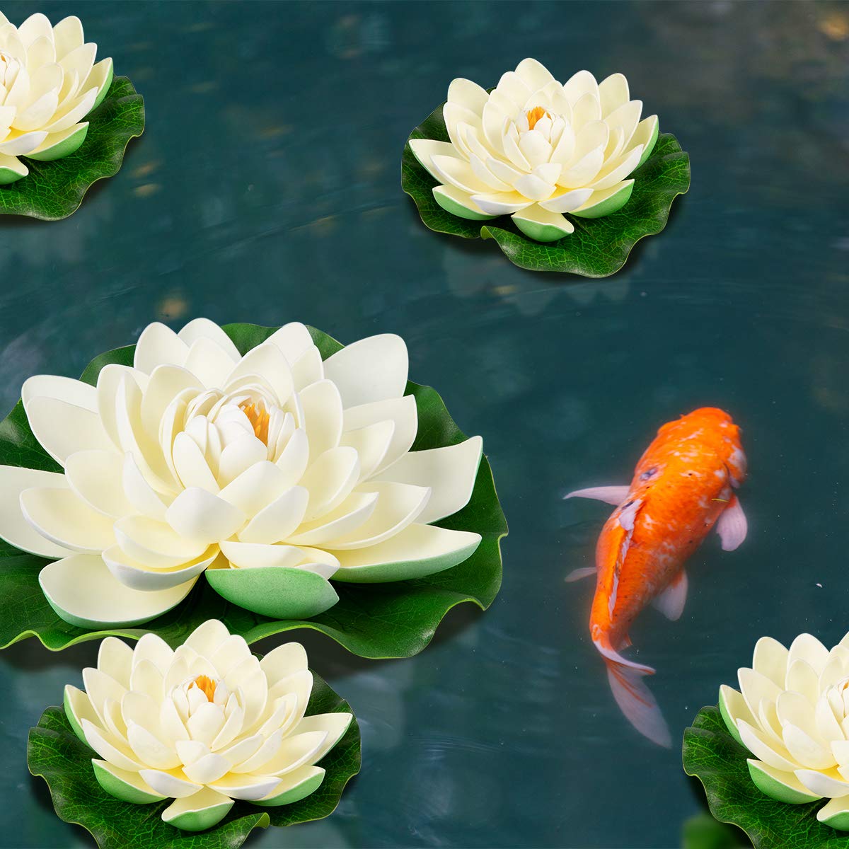 AZEX Linyida Artificial Floating Foam Lotus Flowers,Artificial Water Lily Pads, Lotus Lilies Pad Ornaments for Patio Koi Pond Pool Aquarium Home Garden(6PCS Ivory)