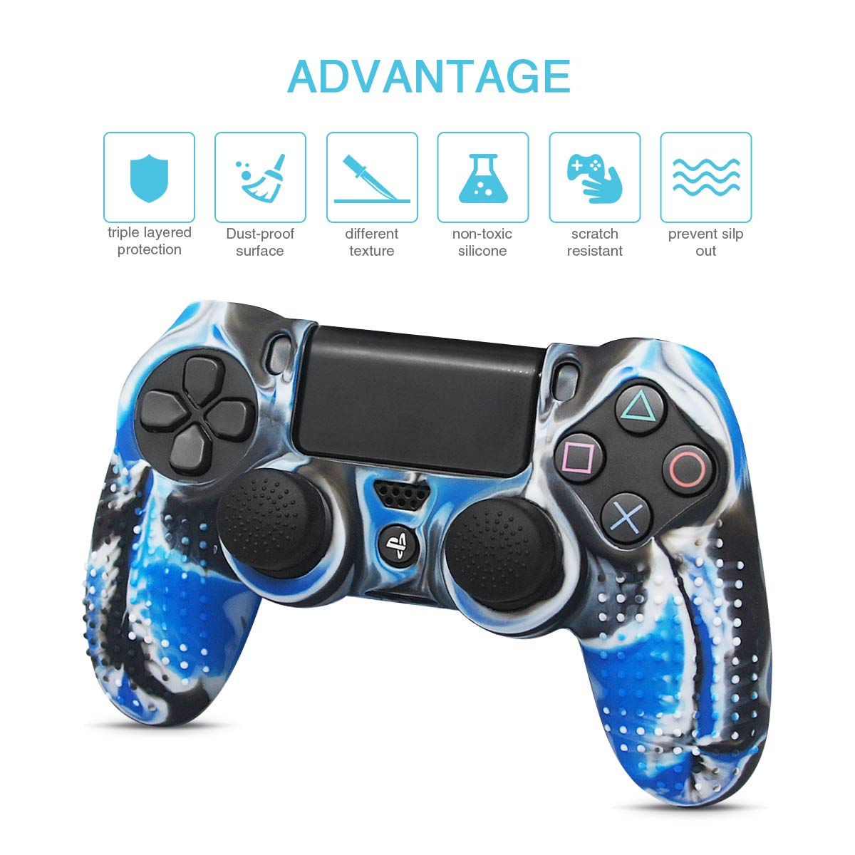 6amLifestyle PS4 Controller Skin (Red + Blue 2 Controller Skins + 10 Thumb Grips) Anti-Slip Silicone Cover Protector Case for DualShock 4 PS4 / PS4 Slim / PS4 Pro Controller