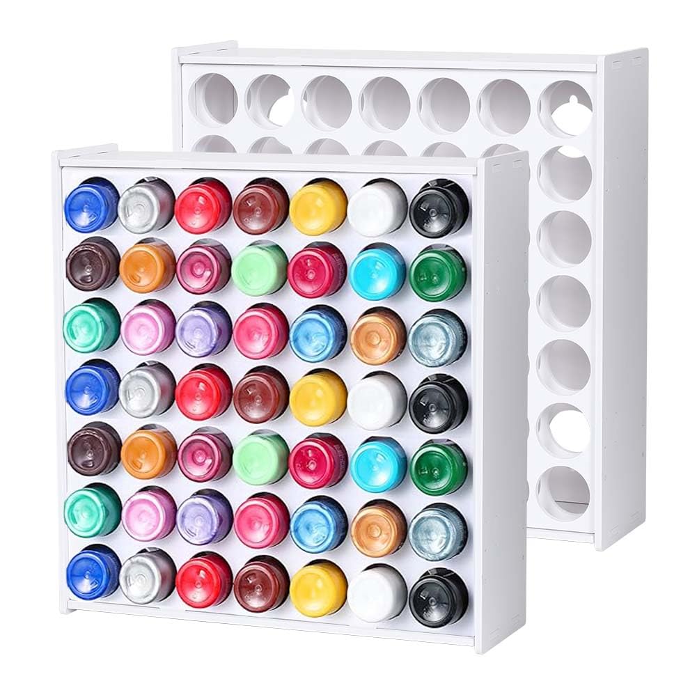 Tifflake Vertical Craft Paint Storage Organizer: 2 Pack 49 Holes Paint Rack Stand Wall Mounted Paint Holder Box - 2oz Paint Bottle Organizer for Art Painting Supplies