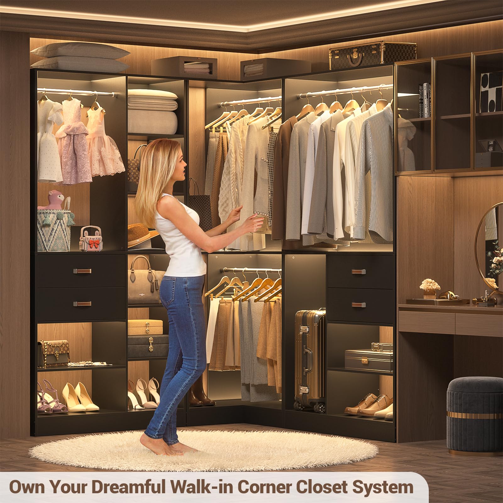Armocity Corner Closet System, 32 Inches Wide Wood Corner Unit with 2 Hanging Rods and All Hardware Kits, 3-Tier 80'' Height Corner Wood Closet Tower, White