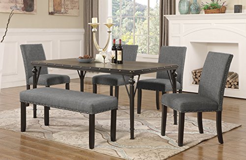 Roundhill Furniture Biony 6-Piece Wood Dining Set with Nailhead Chairs and Bench, Grey