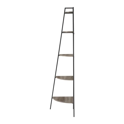 Walker Edison Freya Modern Industrial 5-Shelf Metal and Wood Corner Bookcase, 72 Inch, Grey Wash