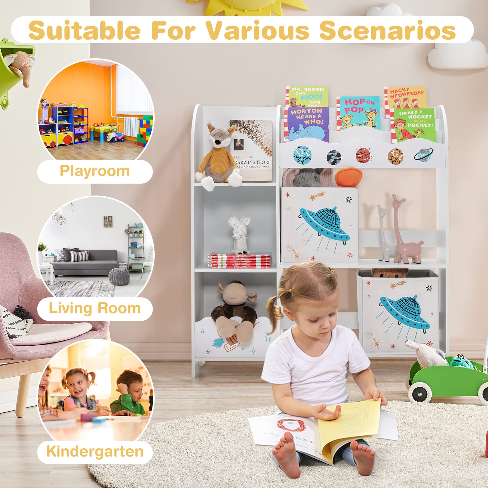 HONEY JOY Kids Toy Storage Organizer, Wooden Storage Unit with 2 Storage Boxes, Toddler Storage Display Bookshelf Daycare Furniture for Playroom, Children’s Room, Living Room(Planet)