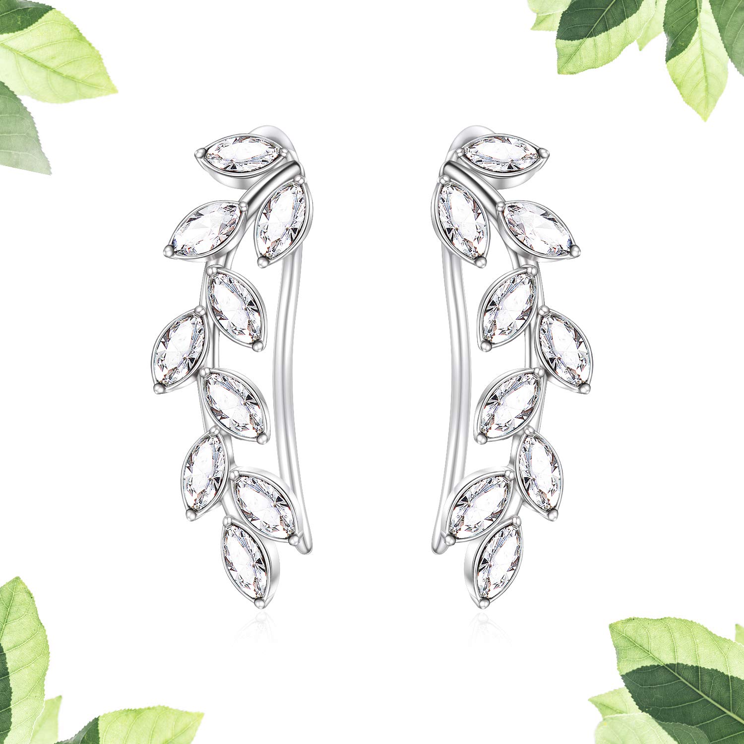 925 Sterling Silver Leaf Earring Ear Crawlers Earrings with Simulated Emerald Green Birthstone Crystals Climber Earrings Jewelry Gift for Her