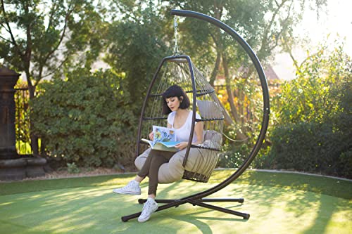 Barton Premium Egg Chair Egg Style Hanging Chair Beige w/Deep Cushion Soft Relaxing Luxury Outdoor Indoor Patio Bedroom Hanging Swinging