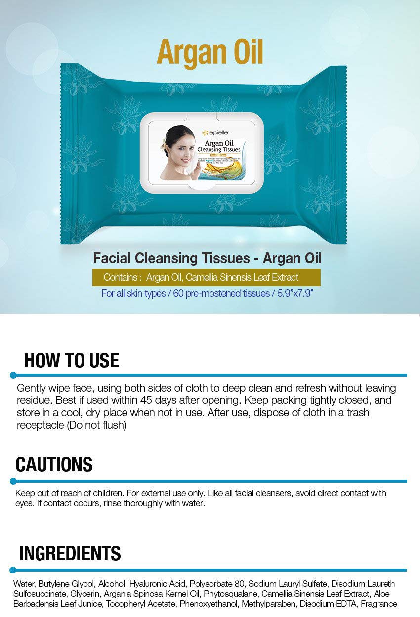 Epielle Argan Oil Cleansing Facial Tissues Makeup Remover Wipes Gentle and Nicely Scented Towelettes - 60 Sheets per pack, 4 pack (new)