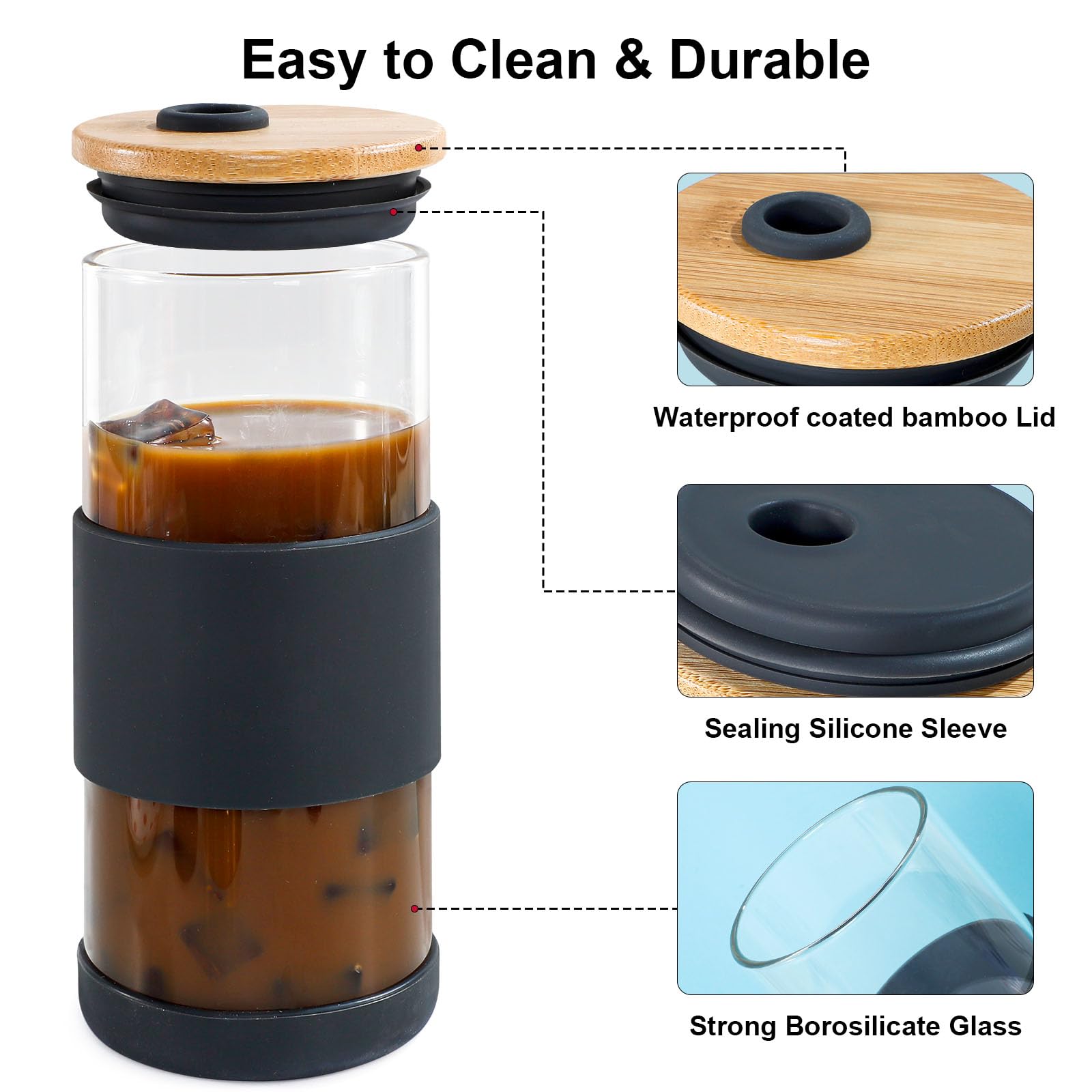 Caperci Glass Cups with Bamboo Lids and Straws - 20 oz Reusable Iced Coffee Cup with 2pcs Cleaning Brushes, Glasses Tumbler Drinking Set for Smoothie, Boba, Idea for On-The-Go(Rose Quartz)