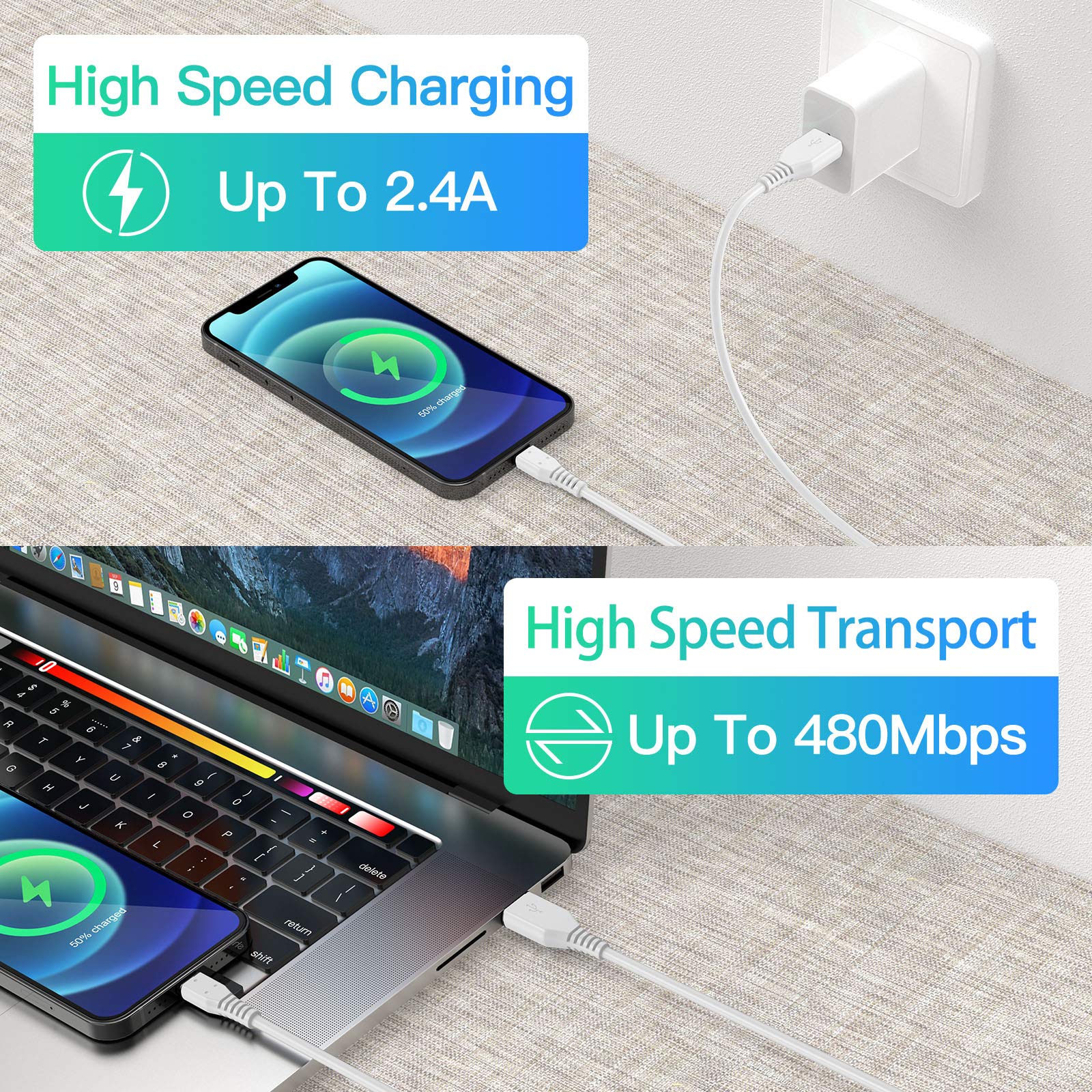 6ft iPhone Charger 5Pack,Lightning Cable 6 Foot,MFi Certified Long Charging Cord 6 feet Compatible with Apple iPhone 11/Pro/Max/SE/X/XS Max/XR/8/8 Plus/iPad/iPod (White)