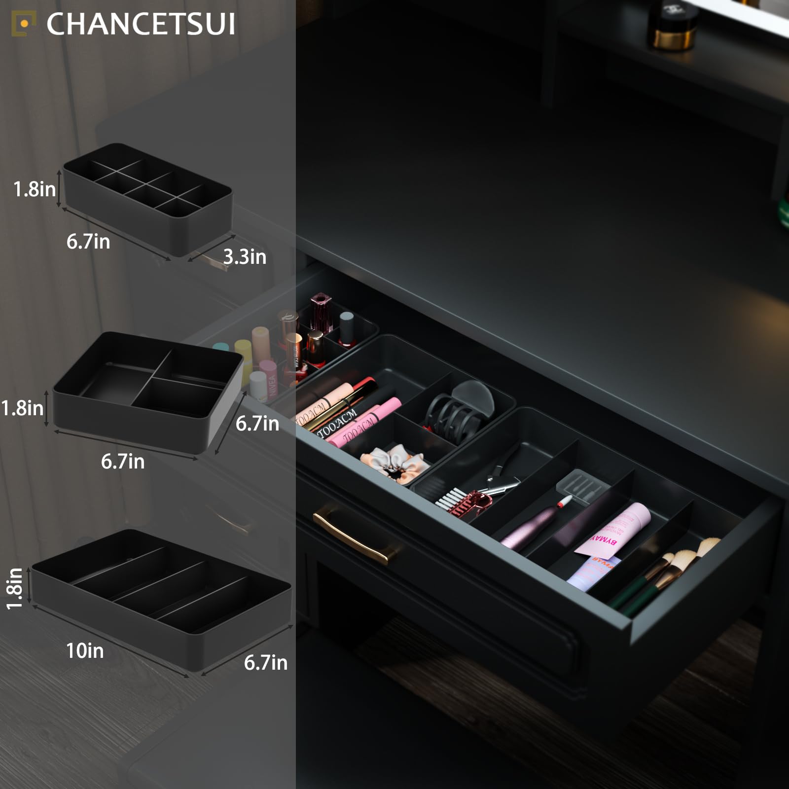 Stackable Drawer Organizer, 3 PCS Versatile Bathroom and Vanity Drawer Organizers Trays Makeup Organization and Storage Set for Lipstick, Lip Gloss, Nail Polish, Cosmetics, Skincare, Jewelry, Black