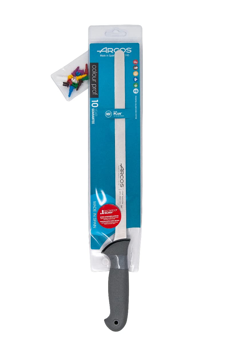 ARCOS Slicing Knife / Ham Knife 12 Inch Nitrum Stainless Steel and 300 mm blade. Ergonomic Polyoxymethylene POM Handle. Series Colour Prof. Greater comfort, adaptability, and resistance. Color Black.