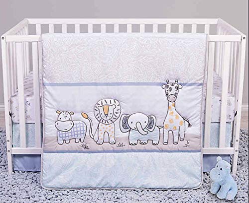 Sammy & Lou Safari Yearbook 4-Piece Baby Crib Bedding Set, Includes Quilt, Fitted Crib Sheets Neutral, Crib Skirt, and Plush Toy