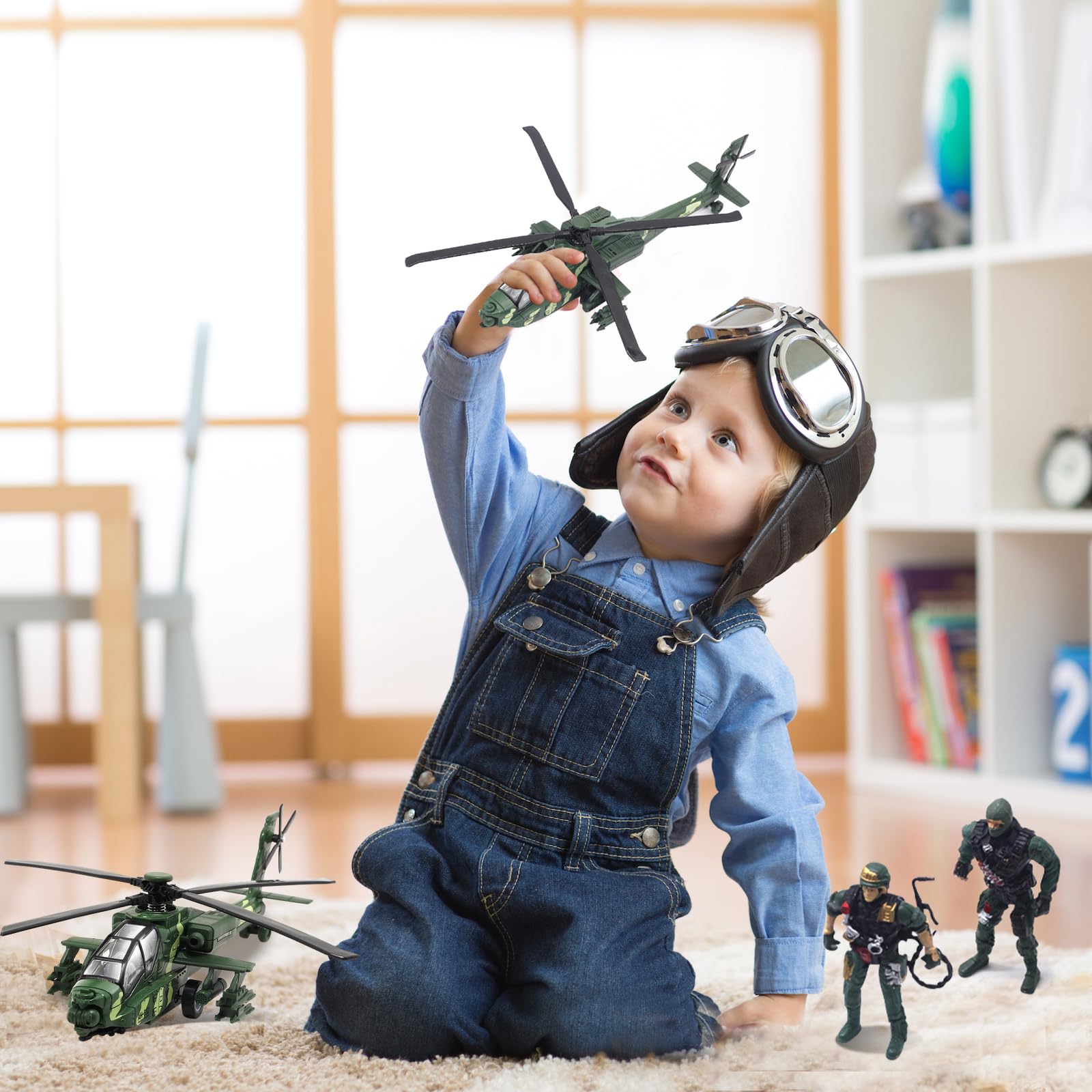 CORPER TOYS Army Helicopter Toy Diecast Military Attack Plane with Lights and Sounds Pullback Vehicles for Kids Boys Bonus with 2 Army Soldiers