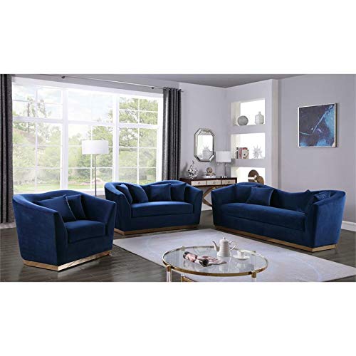 Meridian Furniture Arabella Collection Modern | Contemporary Velvet Upholstered Sofa with Rich Gold Stainless Steel Base, Navy, 90" W x 35" D x 32.5" H
