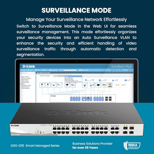 D-Link 52-Port Gigabit Smart Managed PoE+ Switch | 48 PoE+ Ports (370W) + 4 Combo SFP Ports| L2+ |VLANs |Web Managed |Surveillance Mode | Rackmount | NDAA Compliant | Lifetime Warranty (DGS-1210-52MP)