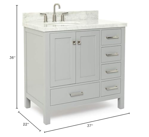 ARIEL 37" Grey Bathroom Vanity with 1.5" Edge Italian Carrara Marble Countertop & Backsplash, Left Oval Sink, 2 Soft Closing Doors, 5 Full Extension Dovetail Drawers, Brushed Nickel