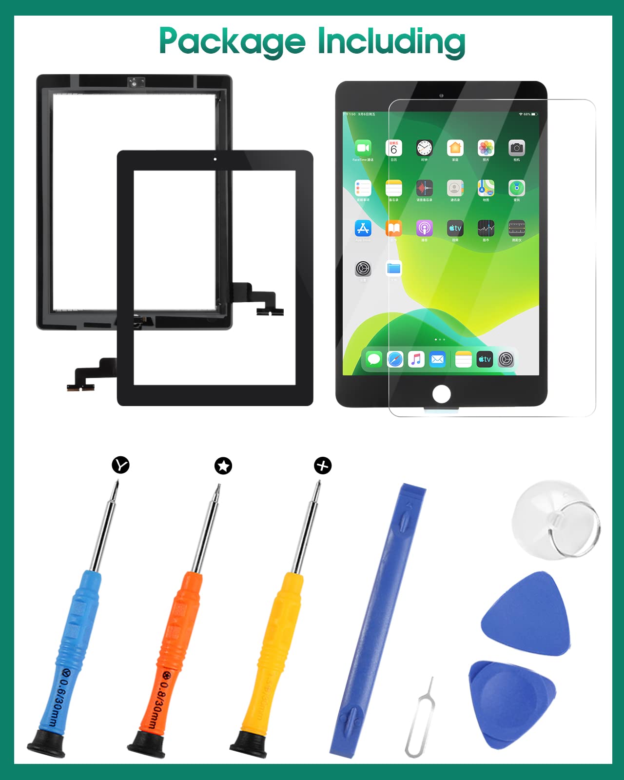 SRJTEK for iPad 2 Touch Screen Replacement A1397 A1395 A1396 Touch Digitizer Glass Parts,with Home Button + Cameral Holder + Pre-Installed Adhesive + Middle Frame Bezel(Black)