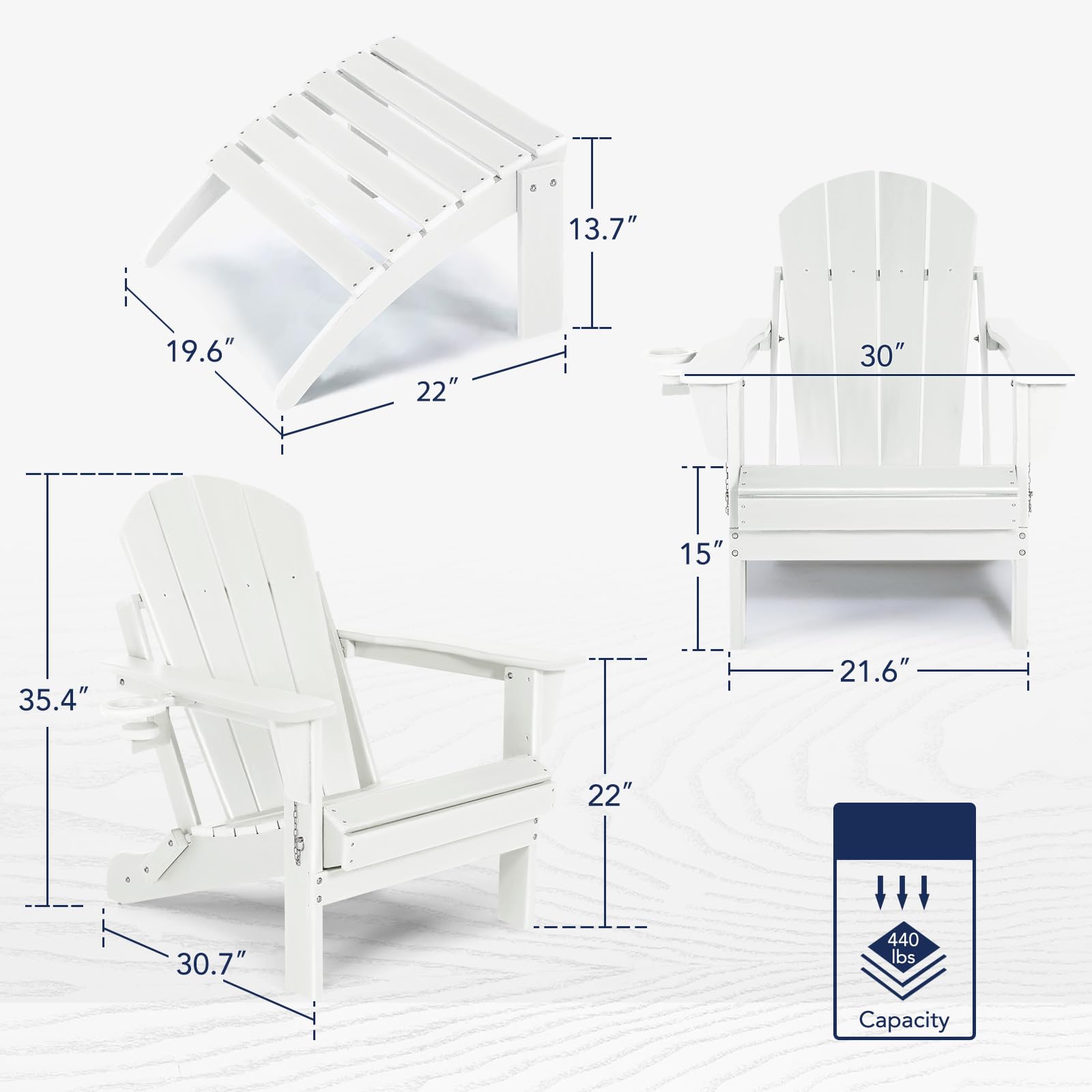 ABCPATIO Folding Adirondack Chair with Footrest - Outdoor Weather Resistant Plastic Adirondack Chairs with Detachable Ottoman, Stackable Seating with Cup Holder for Patio (Seat Width 21.6",White)