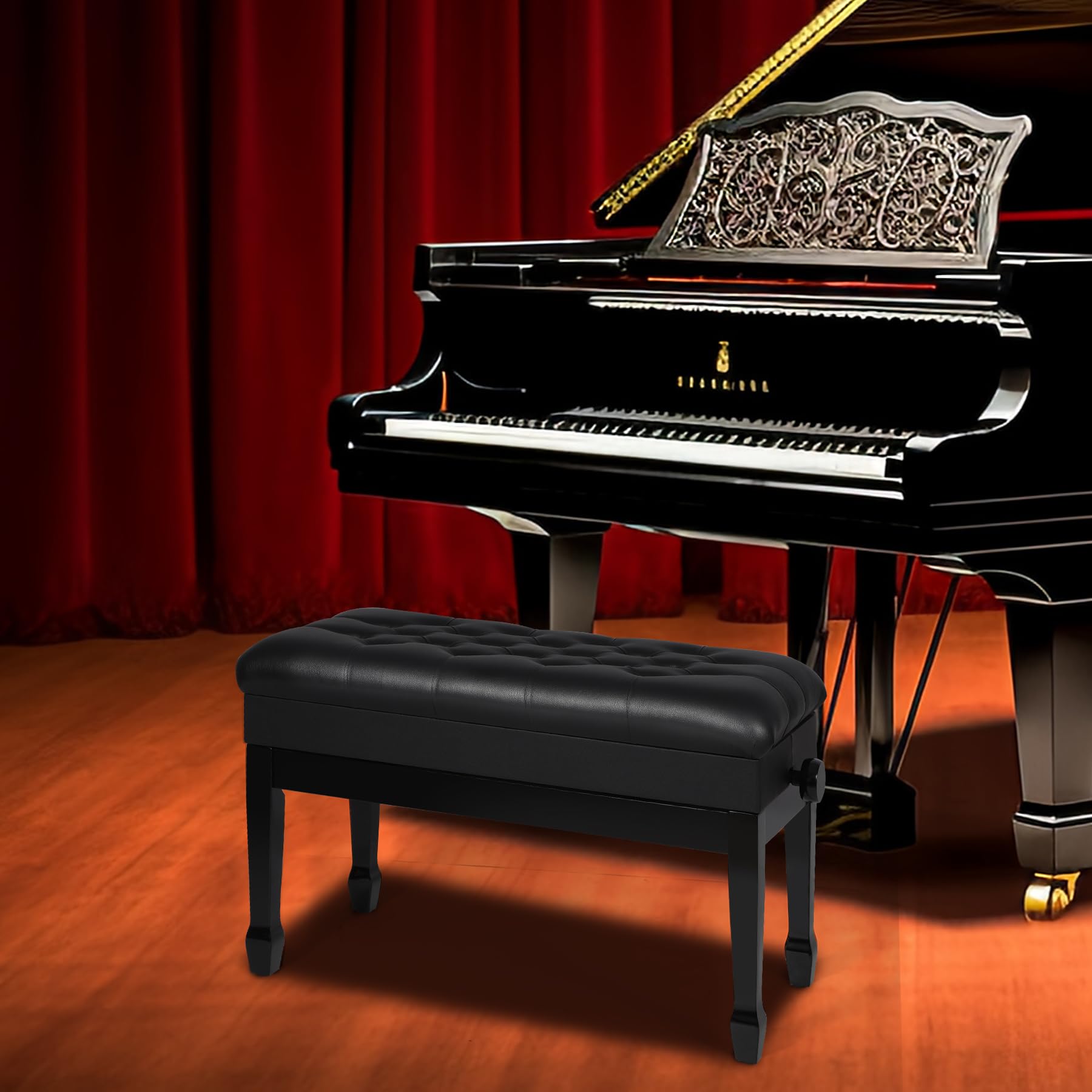 AKVOMBI Adjustable Duet Piano Bench with Storage, Heavy Duty Double Piano Benches with Leather Cushion, Black Piano Bench for Adults, 13.8" D x 31.5" W x 19.3" H
