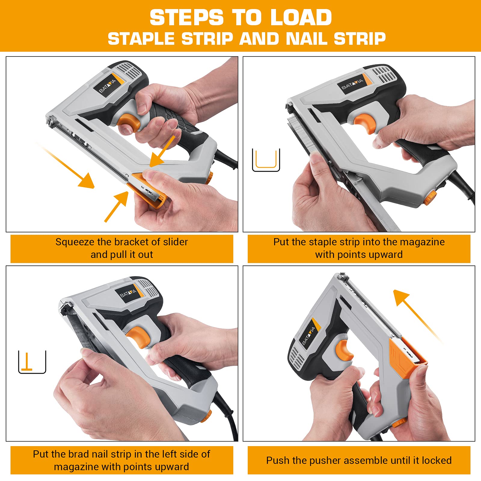 BATAVIA Brad Nailer, 2 in 1 Electric Nail Gun and Staple Gun for Home Upholstery Carpentry and Woodworking Projects, Including 200pcs 5/8'' 18 Gauge Brad Nails and 336pcs 3/8" T50 Staples, BTC0060